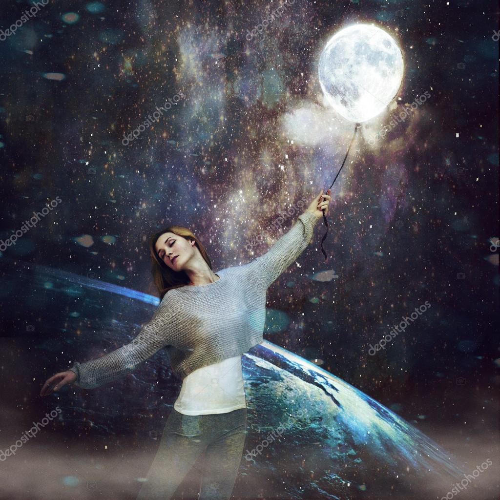 Beautiful girl with balloon, floating above the ground in outer space ...