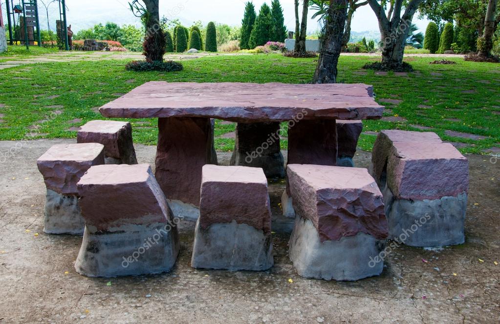 Stone table and bench in garden ⬇ Stock Photo, Image by © casanowe1 ...