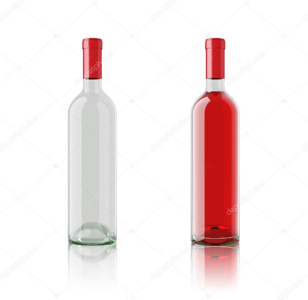 dos botellas de vino, vacía y llena de vino rosado, aislado sobre fondo ...
