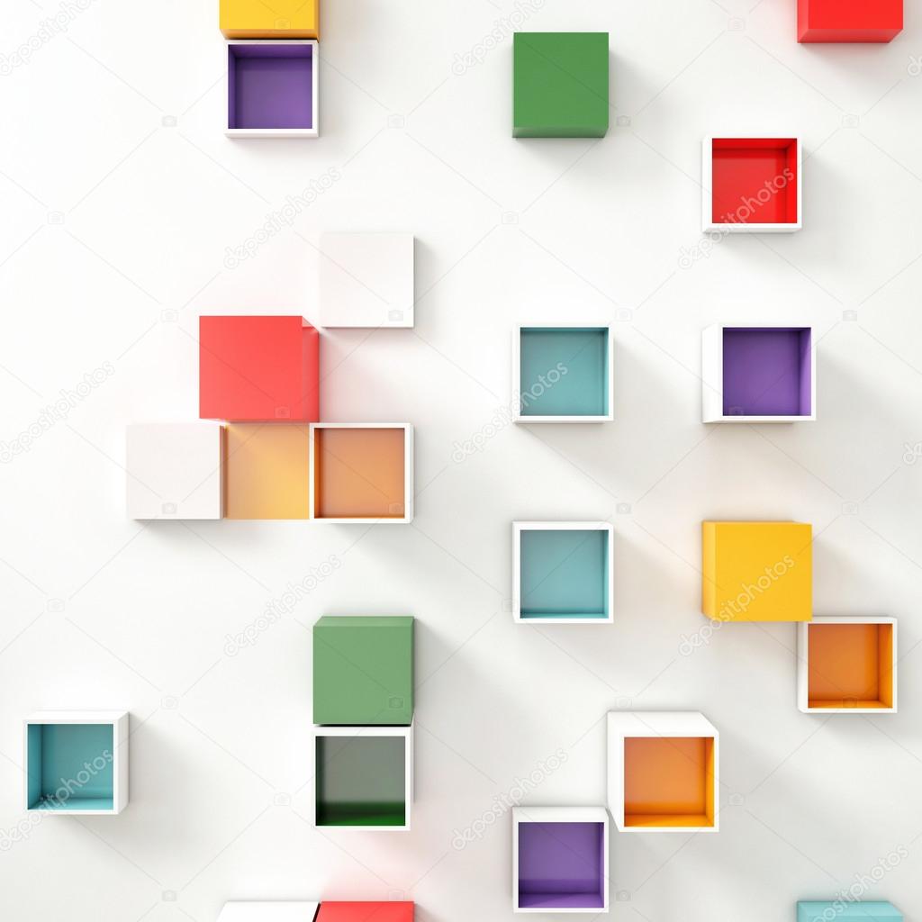 Color Cubes in a random of pattern on White Wall. Abstract composition ...