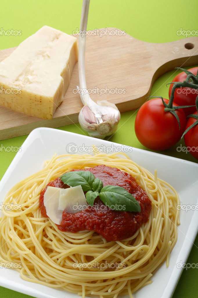 Italian pasta spaghetti with tomato sauce and parmesan. Stock Photo by ...