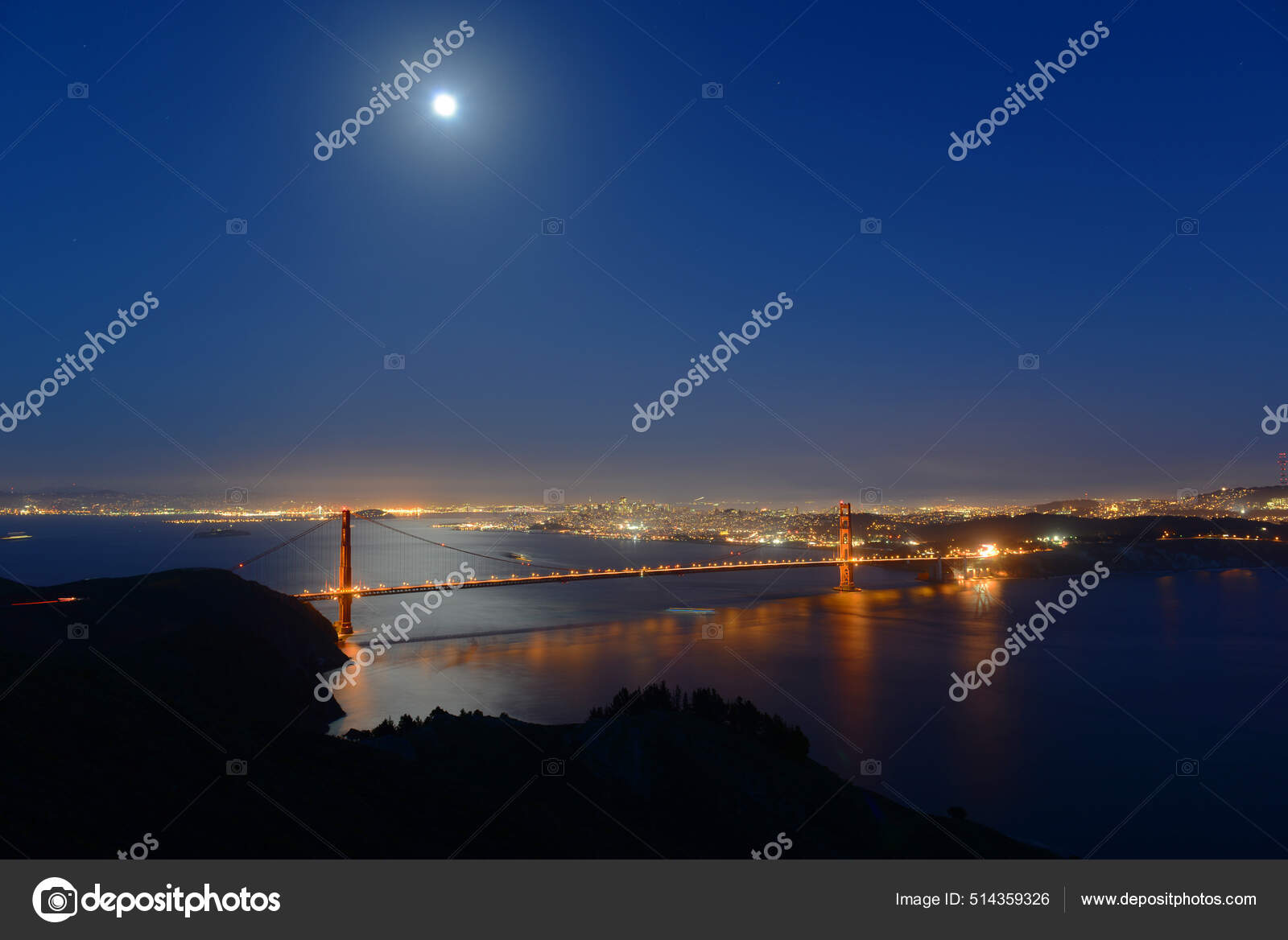 Golden Gate Bridge At Night Moon