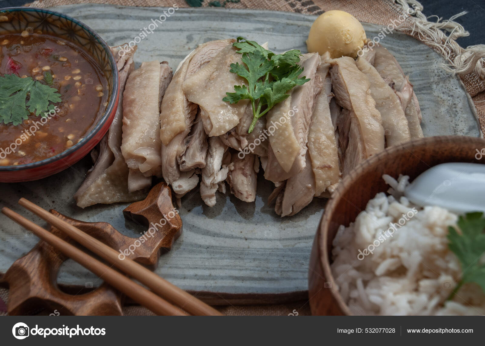 Close Asian Food Style Marinated Steamed Chicken Betong Chickken Rice ...