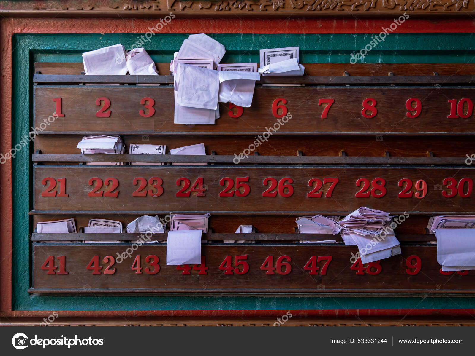 Chinese Fortune Telling Paper Strips Wooden Shelves Row Red Numbers ...