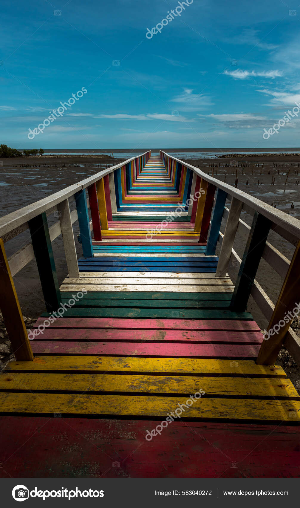 Walkway Rainbow Bridge Old Wood Colorful Bridge Pier Extends Sea Stock ...