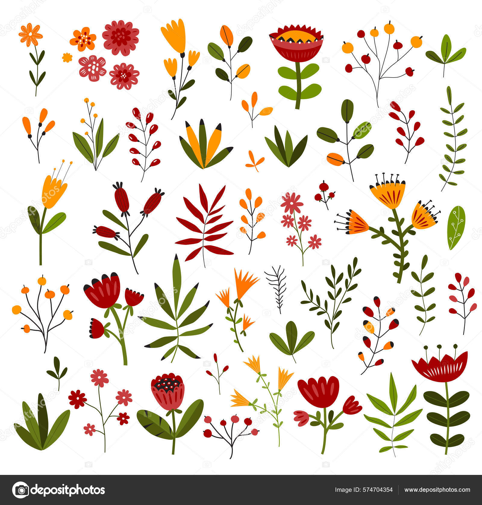 Print Big Set Plants Flowers Set Flowers Bushes Branches Leaves Stock ...