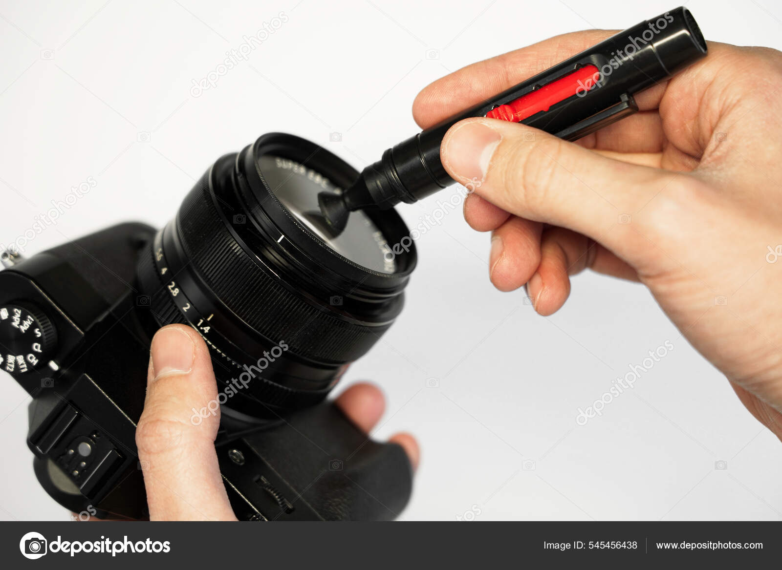 Man Cleans Reflex Camera Brush Dust Camera Service — Stock Photo ...