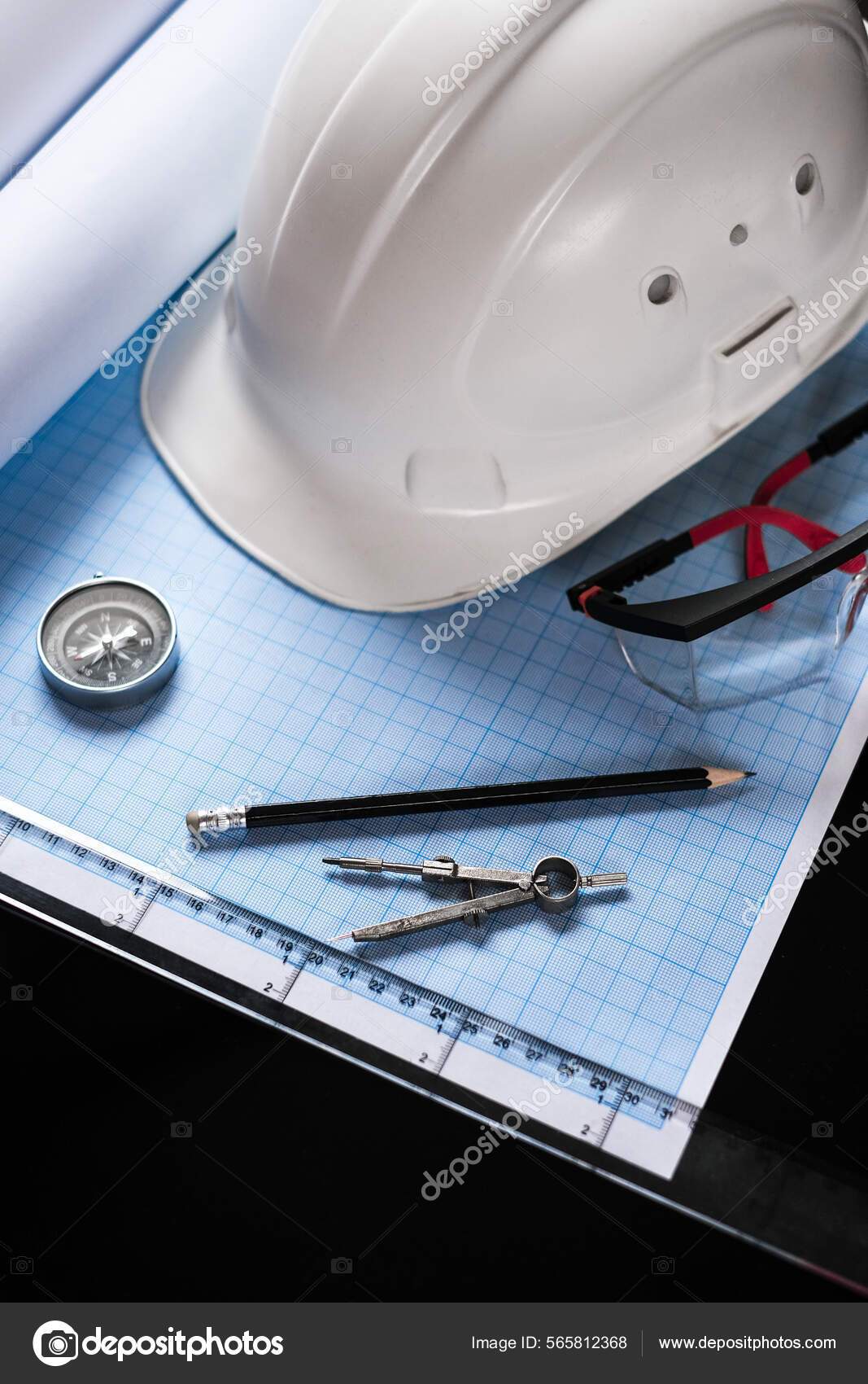 White Construction Safety Helmet Compasses Pencils Sketches Engineer's ...