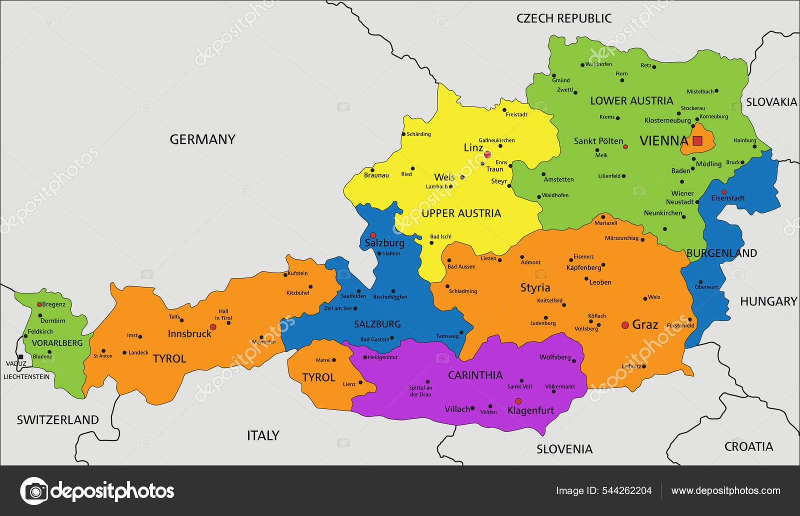 Farverig Østrig Politisk Kort Med Tydeligt Mærket Adskilte Lag ...