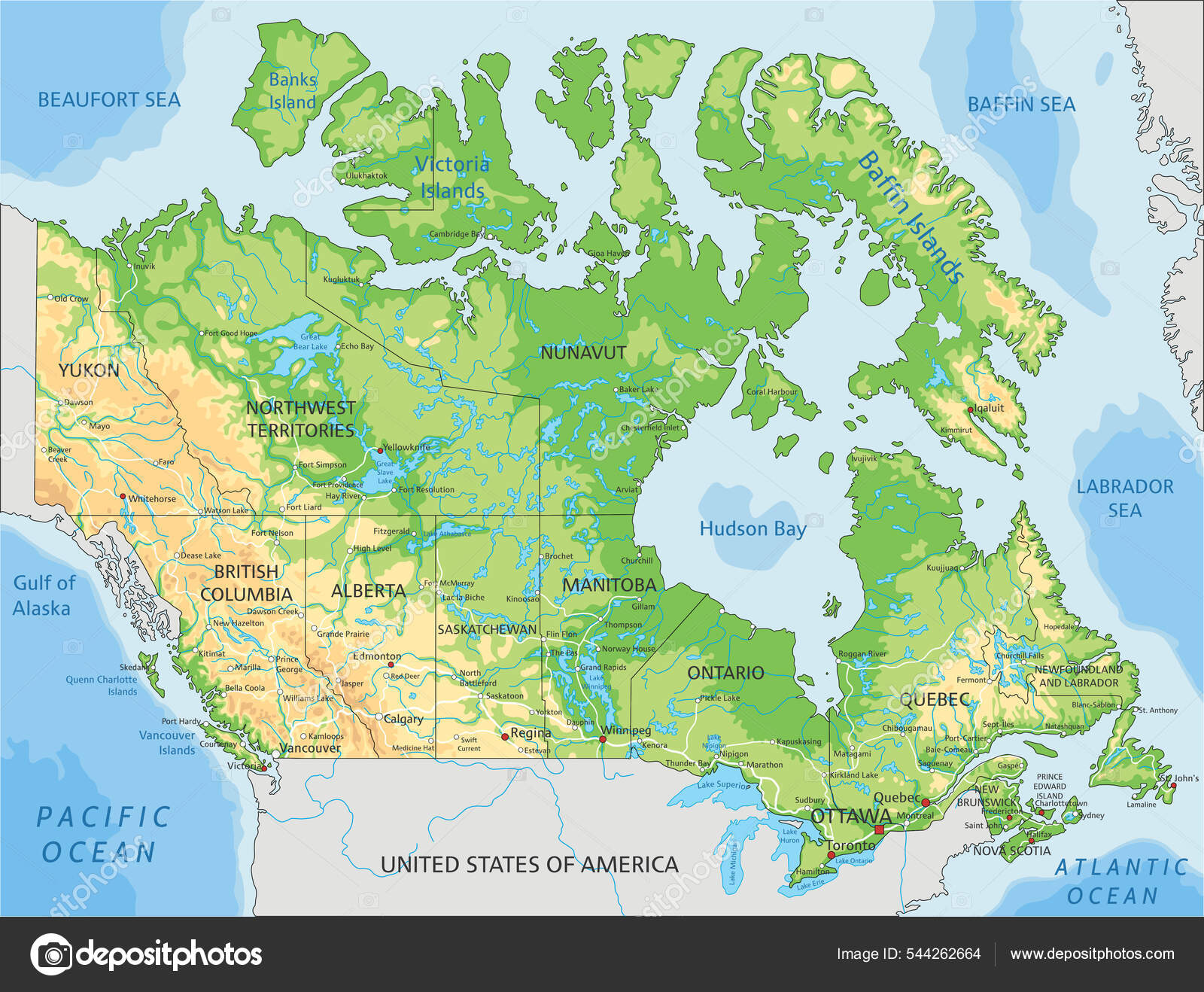 Alto Mapa Físico Detallado Canadá Con Etiquetado Vector de stock ...