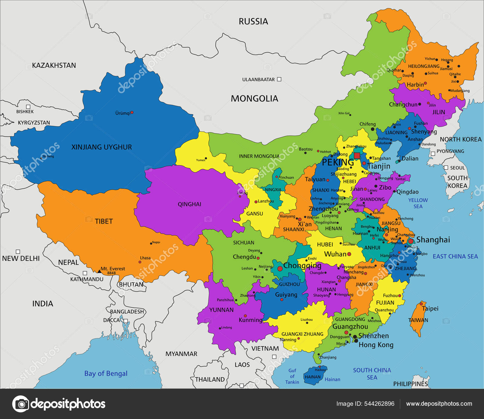 Farverige Kina Politisk Kort Med Tydeligt Mærket Adskilte Lag ...