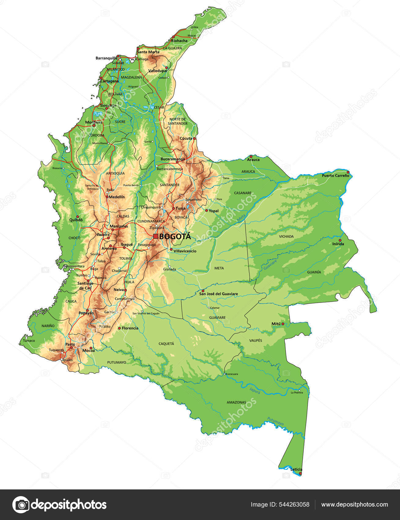 High Detailed Colombia Physical Map Labeling Stock Vector Image by ...