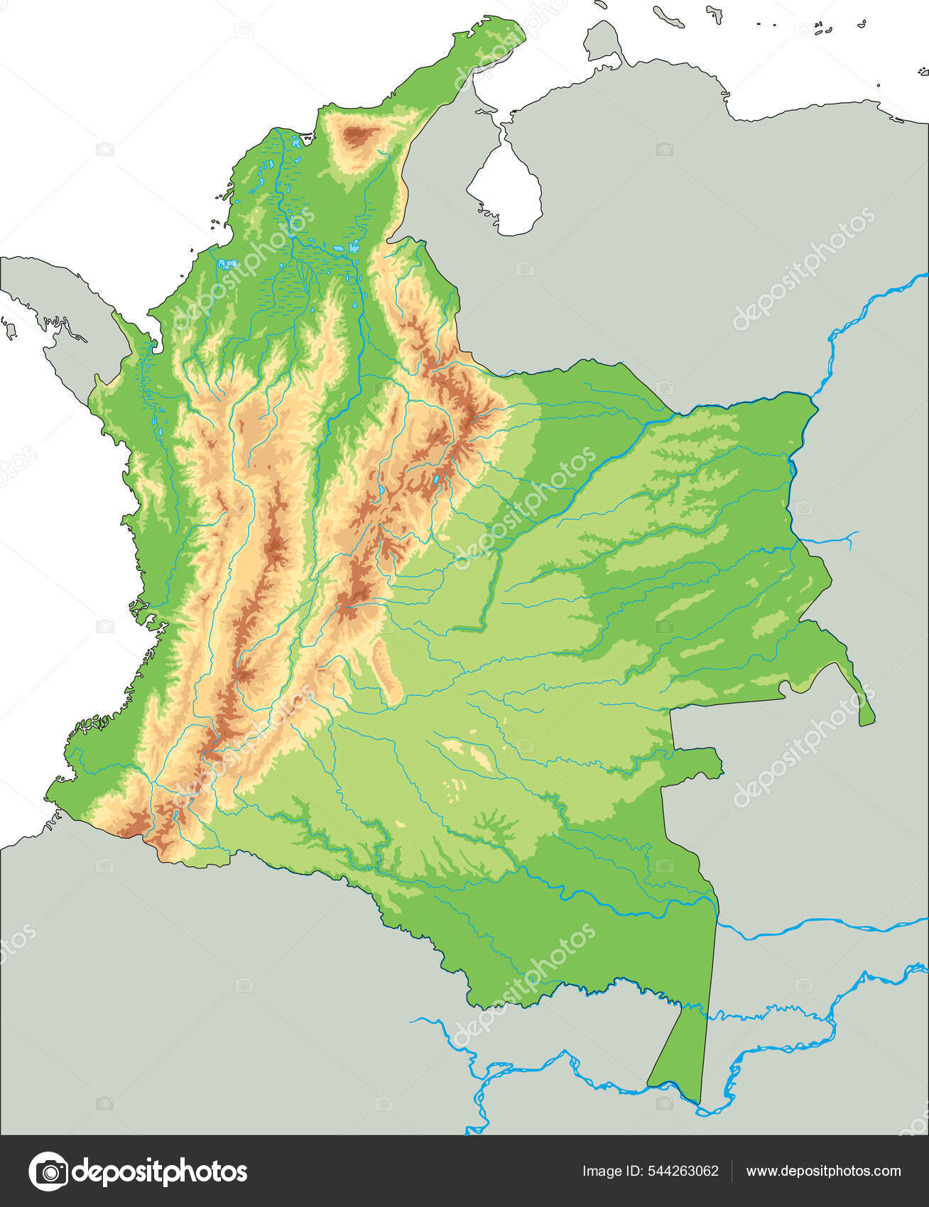 Mapa Físico Colombia Alto Detallado Vector de stock #544263062 de ...