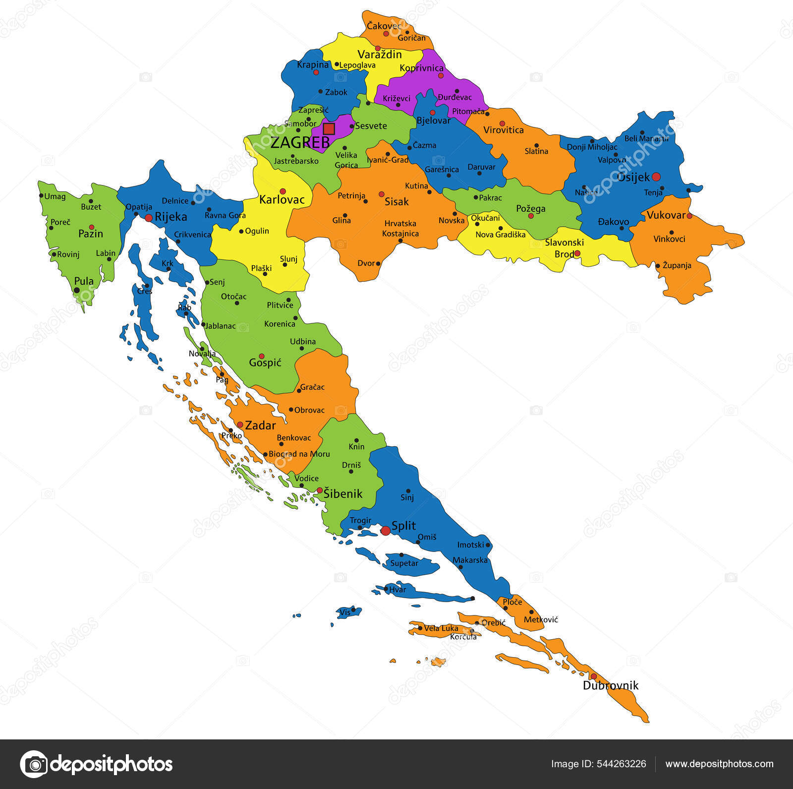 Mapa Político Colorido Croácia Com Camadas Claramente Rotuladas ...