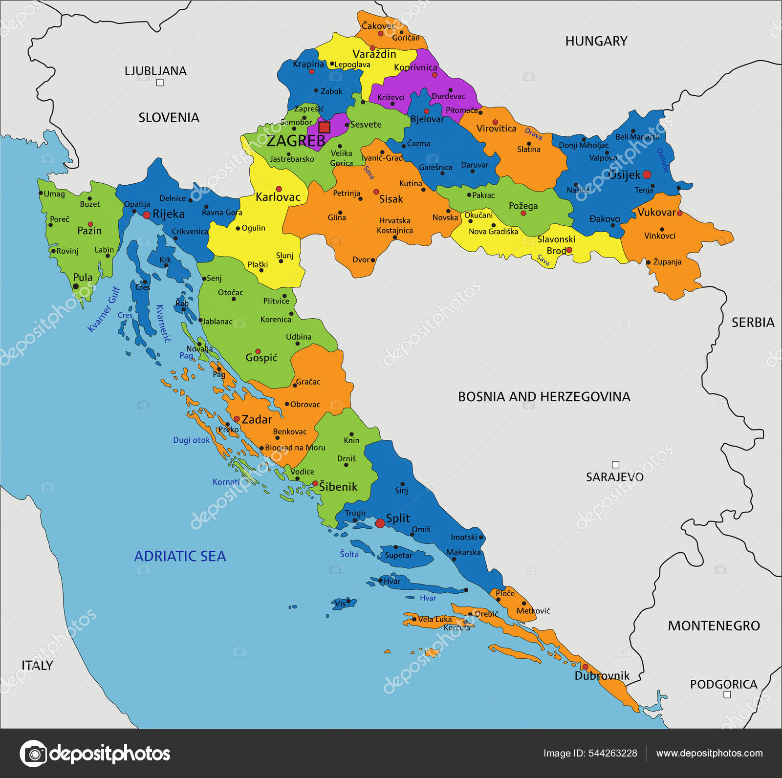 Mapa Político Colorido Croácia Com Camadas Claramente Rotuladas ...