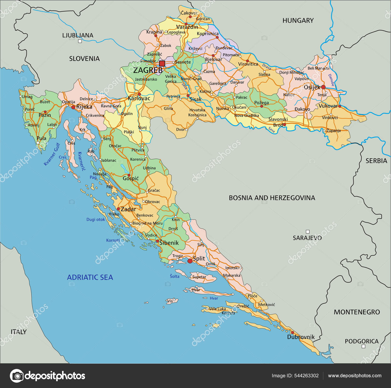 Croácia Mapa Político Editável Altamente Detalhado Com Rotulagem Vetor ...
