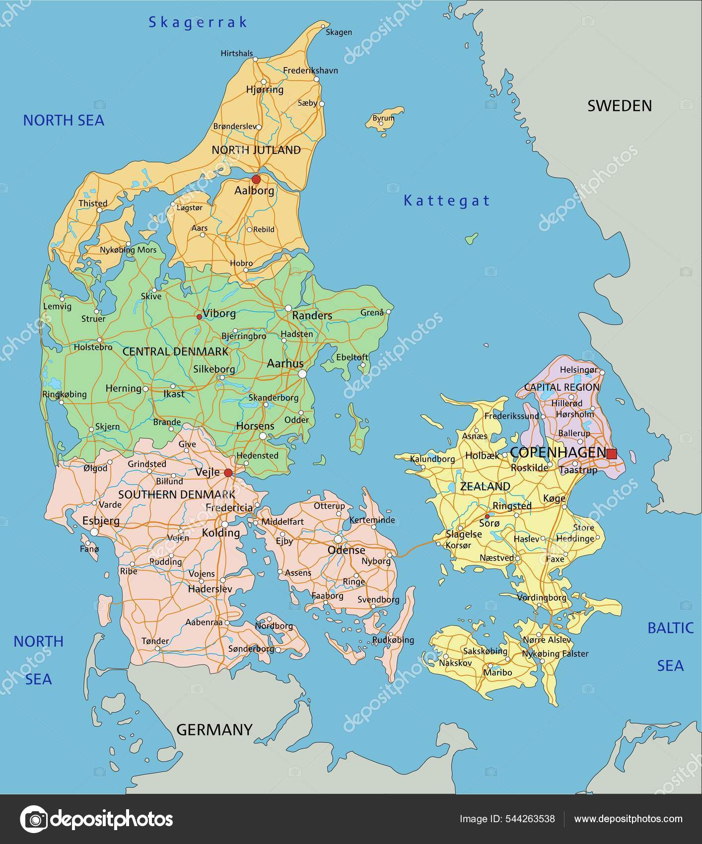 Denmark Highly Detailed Editable Political Map Labeling Stock Vector by ...
