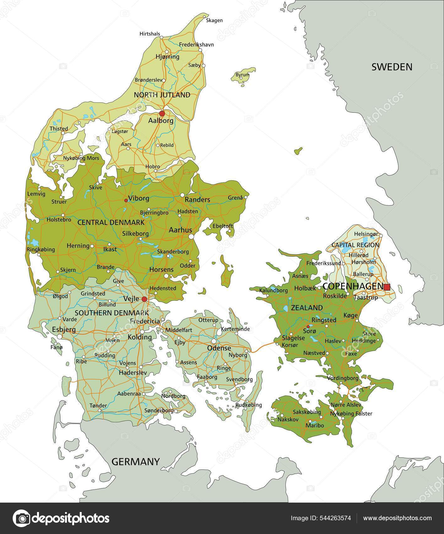 Vysoce Podrobná Upravitelná Politická Mapa Oddělenými Vrstvami Dánsko ...