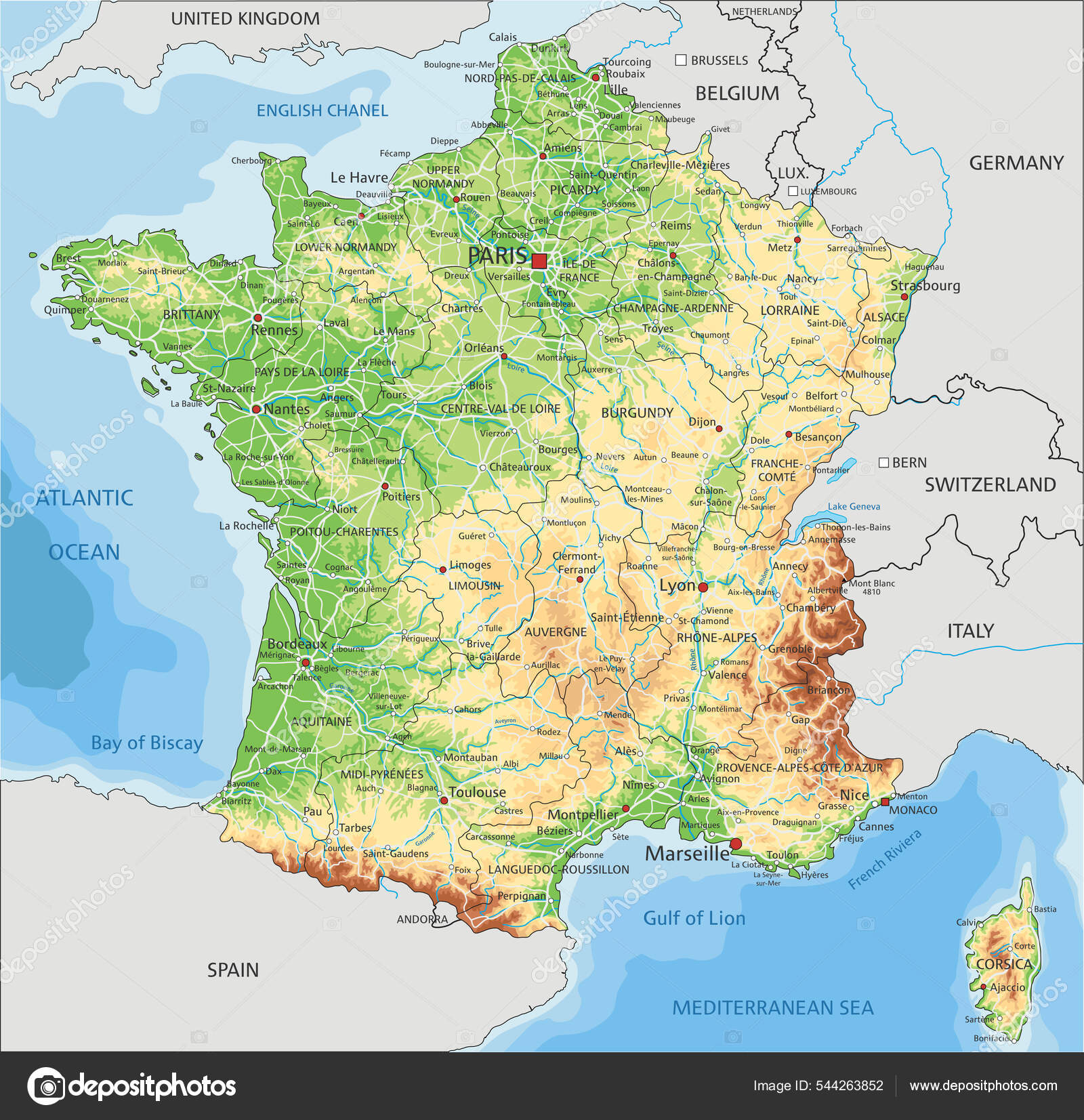 Detailed France Physical Map Stock Vector by ©delpieroo 544263852