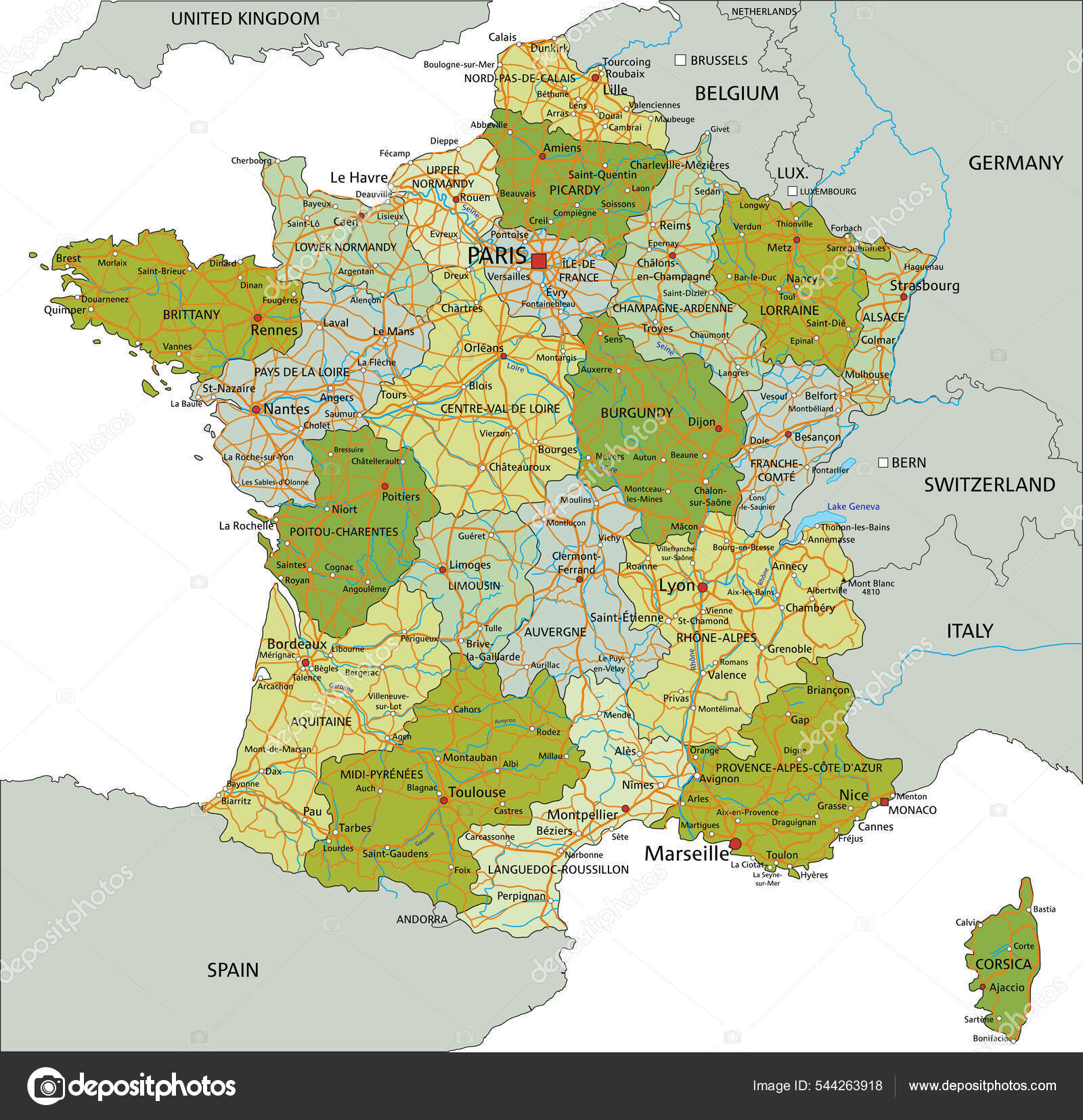 Highly Detailed Editable Political Map Separated Layers France Stock ...