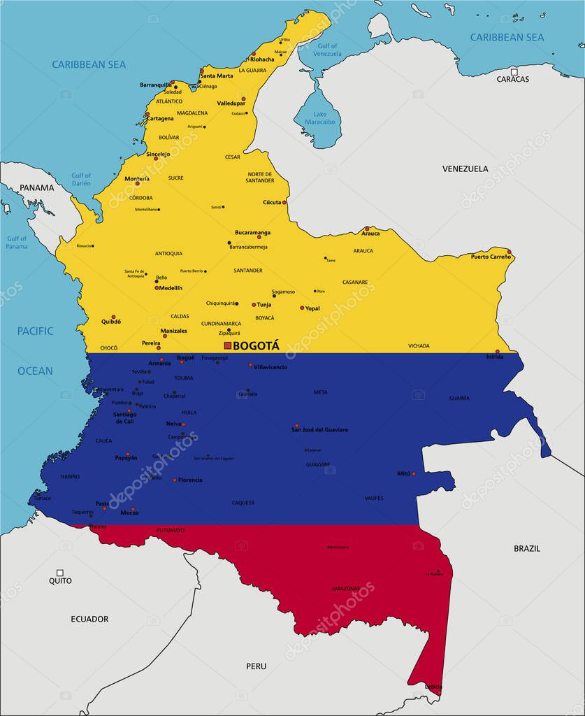 Colombia mapa político altamente detallado con bandera nacional aislada ...