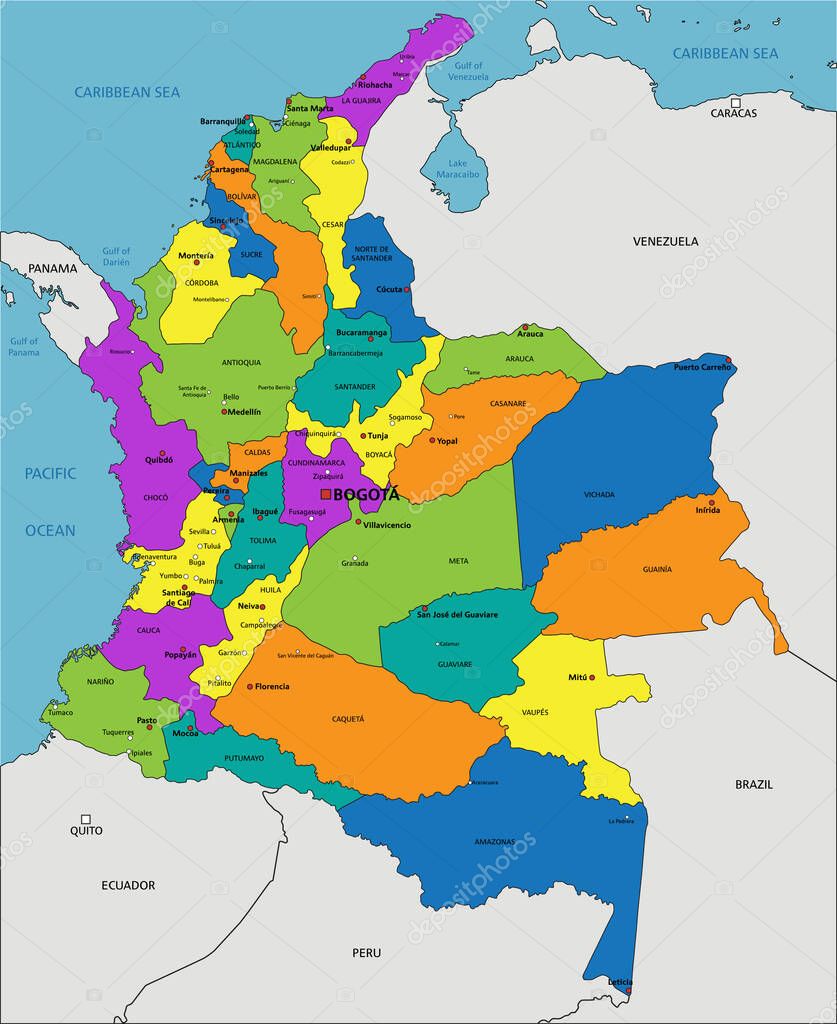 Colorido Mapa Político Colombia Con Capas Claramente Etiquetadas ...