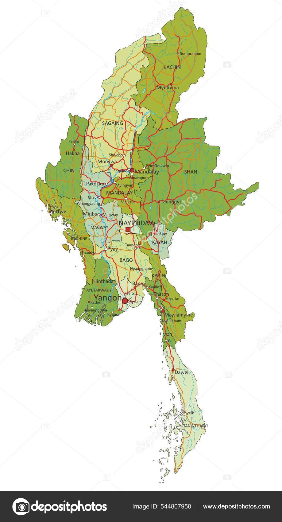 Highly Detailed Editable Political Map Separated Layers Myanmar Stock ...