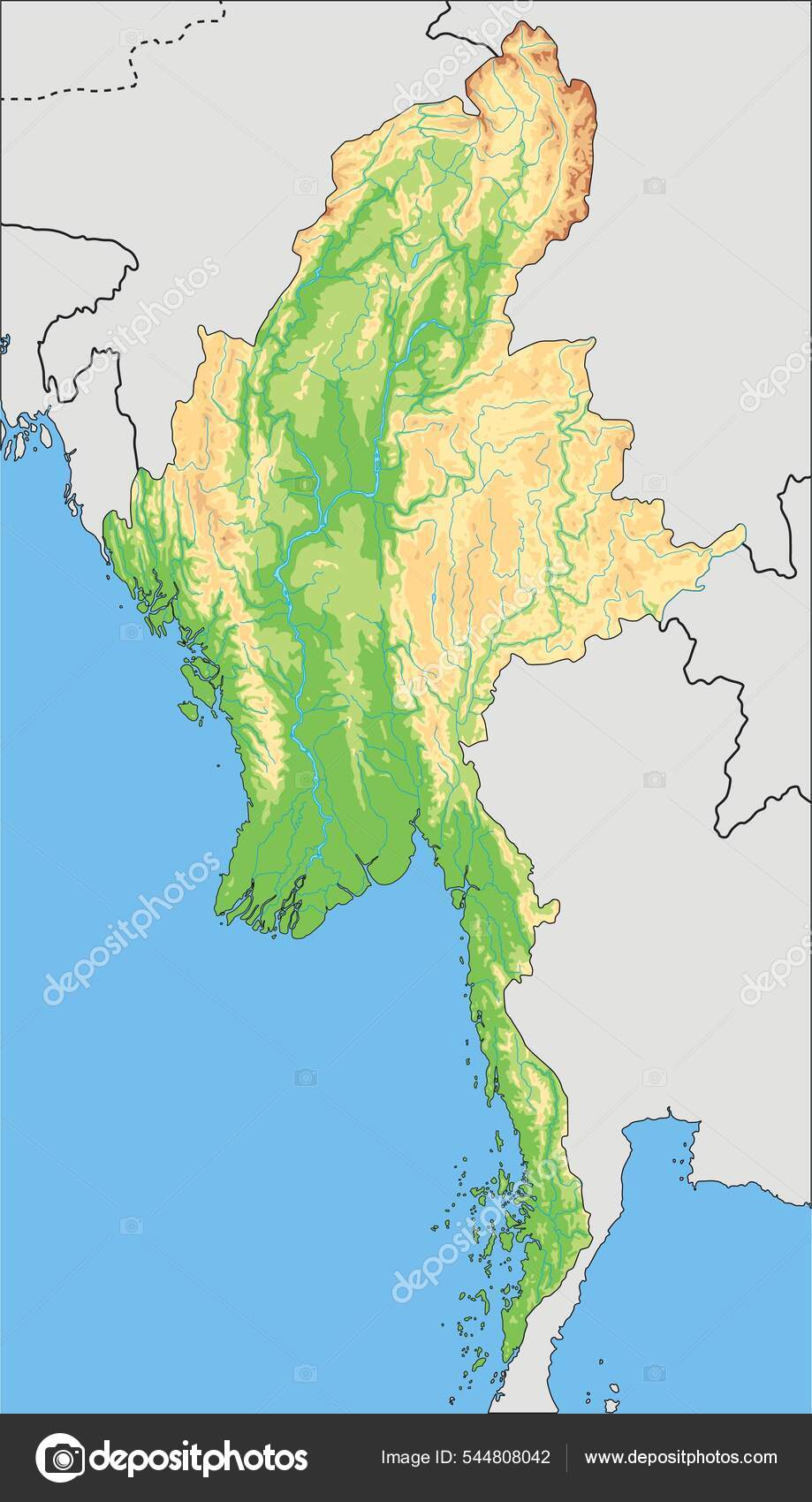 Highly Detailed Myanmar Physical Map Stock Vector by ©delpieroo 544808042
