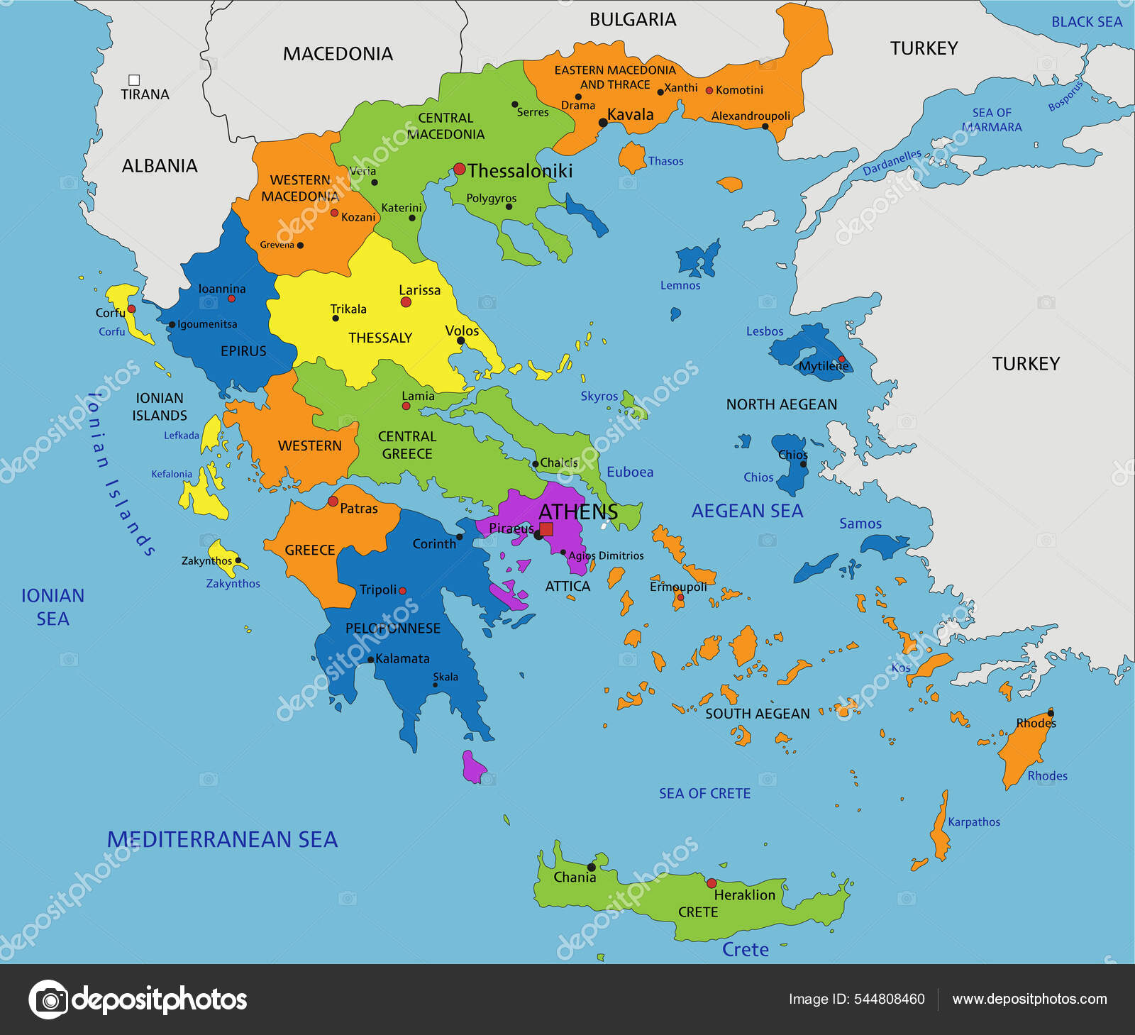 그리스의 지도에 명확하게 계층으로 표시되어 있습니다 일러스트 스톡 벡터 - ©delpieroo 544808460