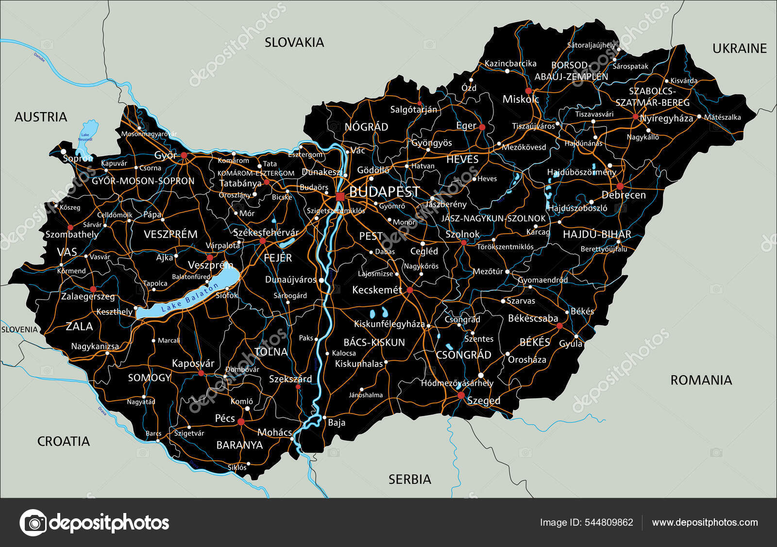 Carte Routière Détaillée Hongrie Avec Étiquetage Vecteur par ©delpieroo ...