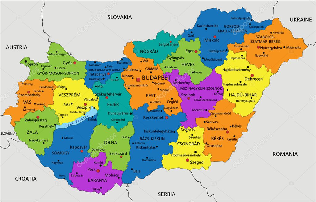 Renkli Macaristan Siyasi Haritası Açık Bir Şekilde Etiketlenmiş ...