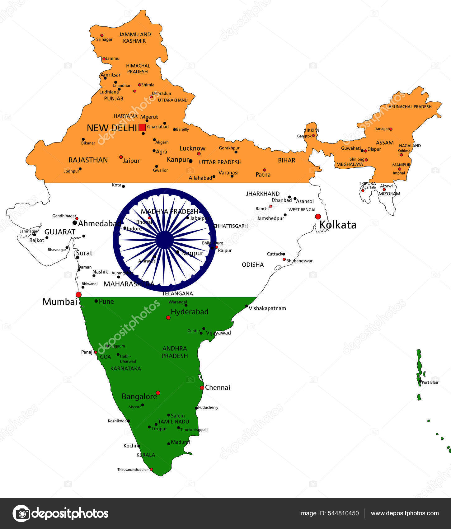 Indien Meget Detaljeret Politisk Kort Med Nationalt Flag Stockvektor af ...