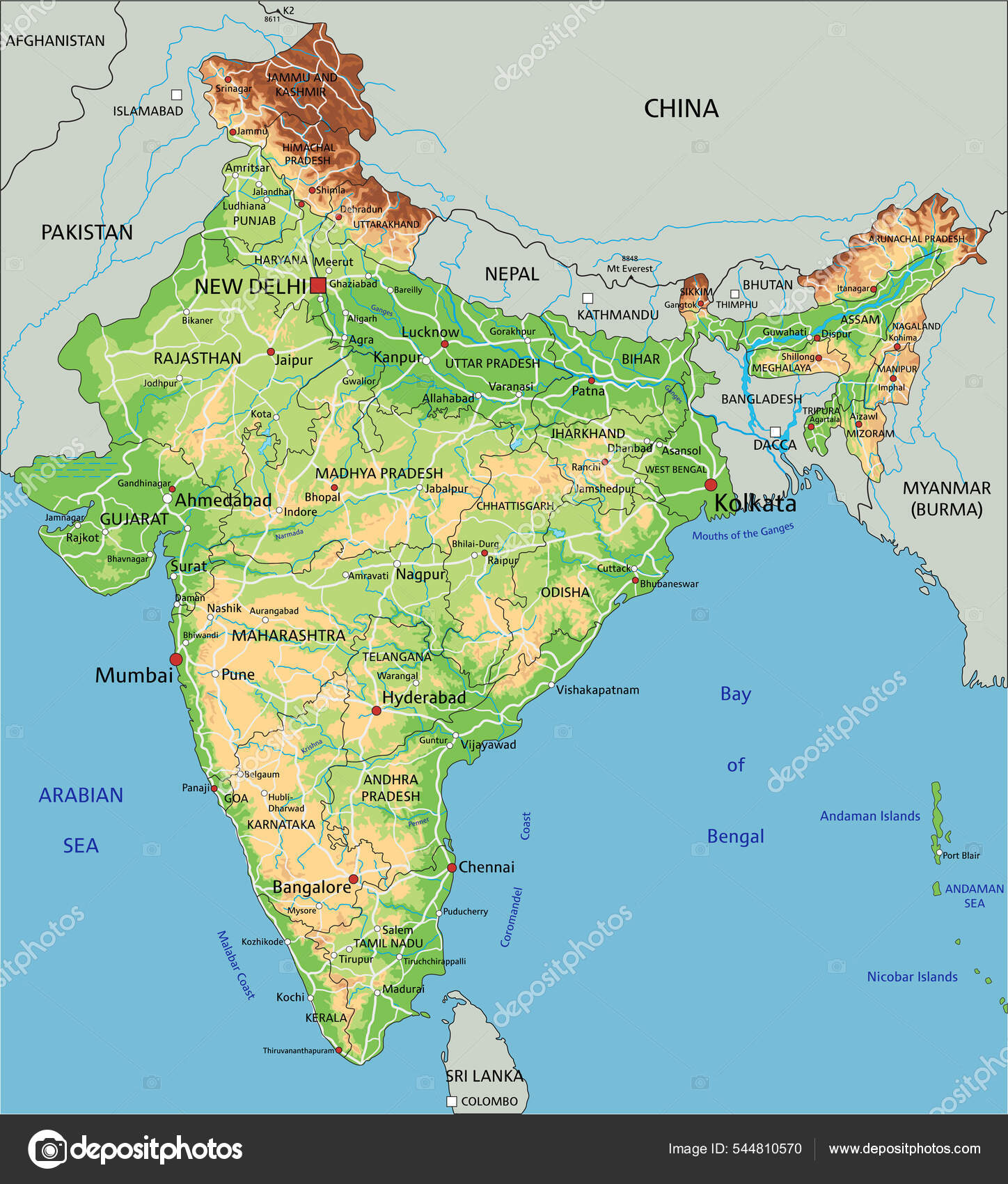 High Detailed India Physical Map Labeling Stock Vector by ©delpieroo ...