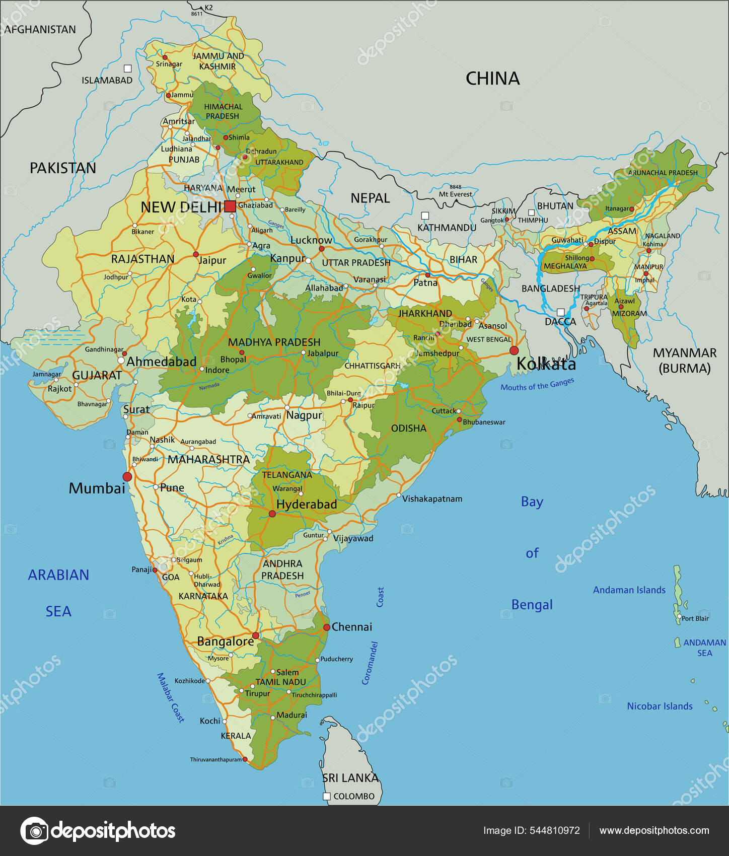Highly Detailed Editable Political Map Separated Layers India Stock ...