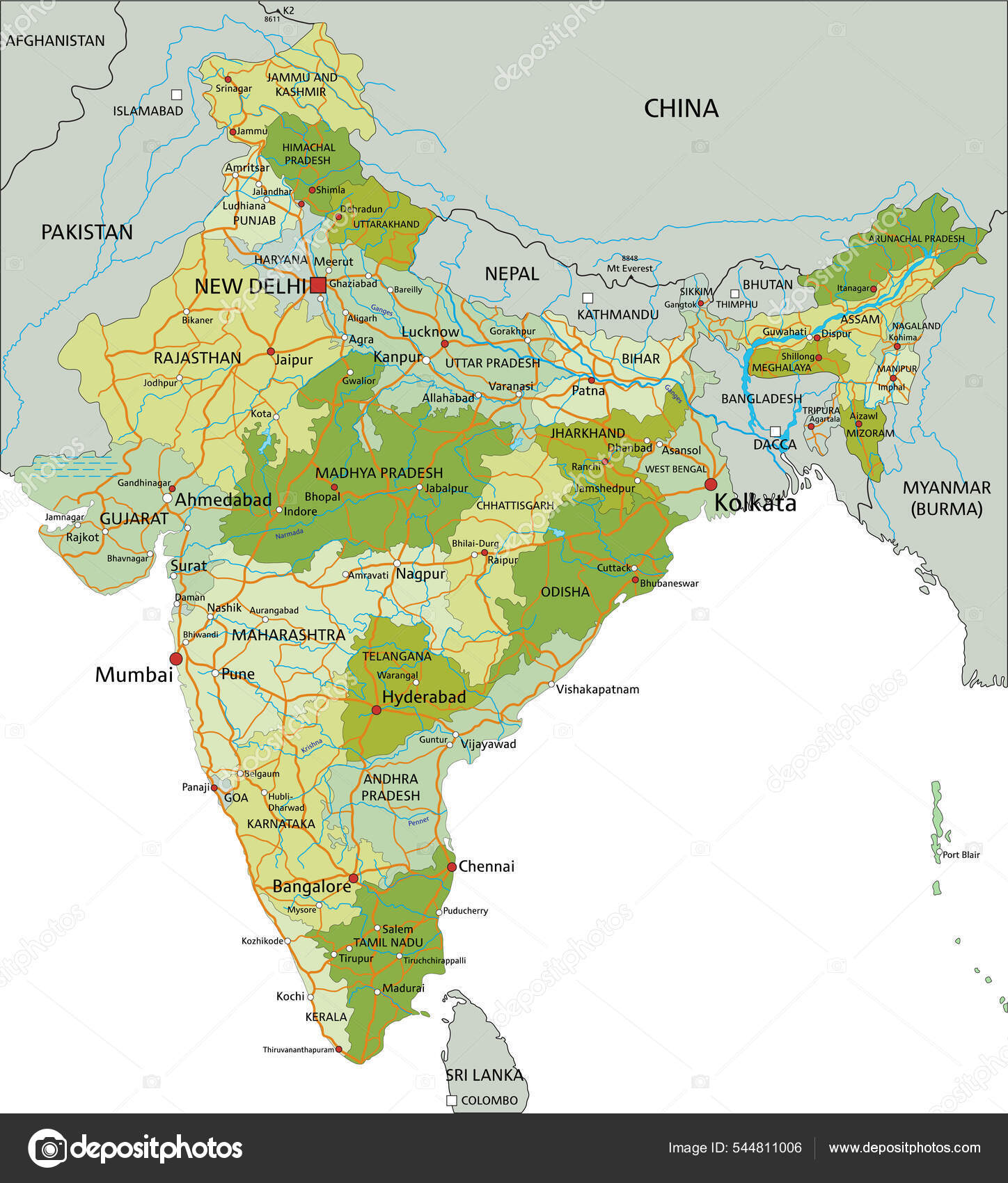 Highly Detailed Editable Political Map Separated Layers India Stock ...
