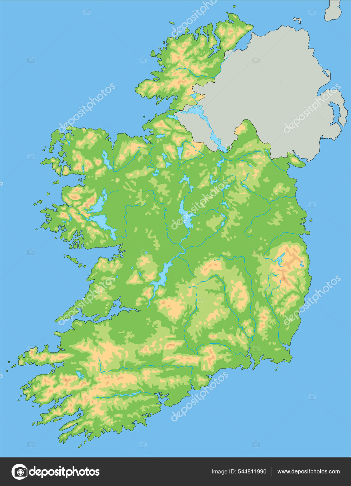 High Detailed Ireland Physical Map Stock Vector by ©delpieroo 544811990