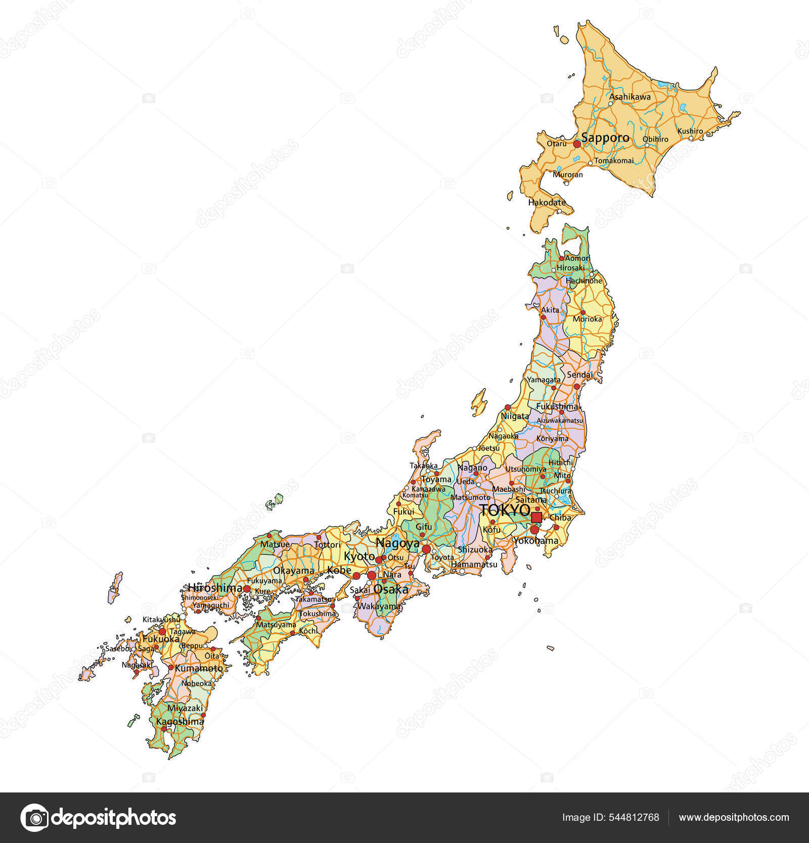 Japan Highly Detailed Editable Political Map Labeling Stock Vector by ...