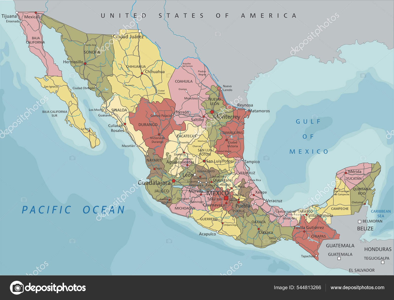Image vectorielle Carte Politique Mexique Très Détaillée par ©delpieroo ...