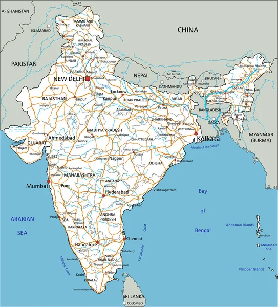 High Detailed India Physical Map Stock Vector by ©delpieroo 544810726