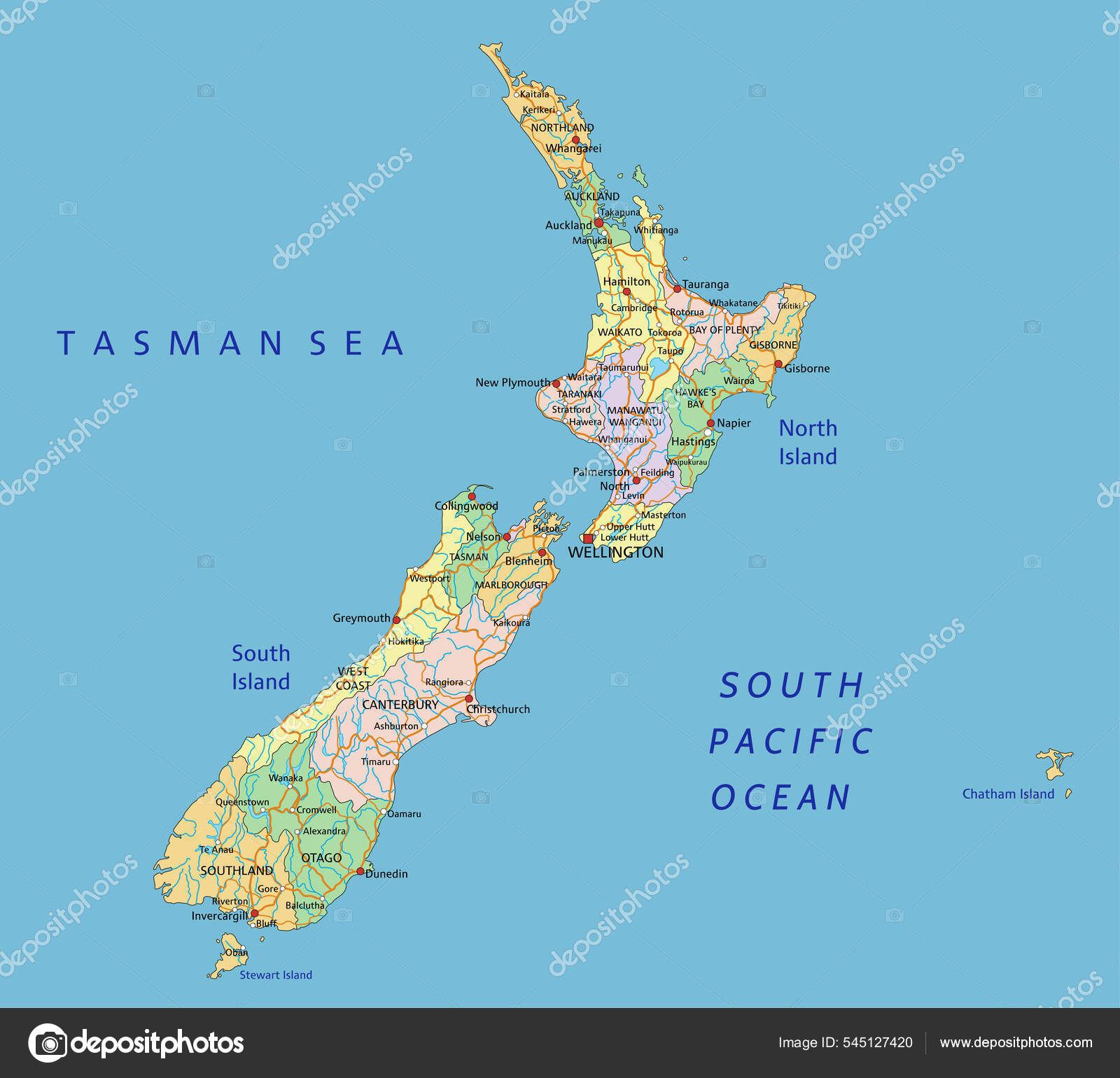 New Zealand Highly Detailed Editable Political Map Labeling Stock ...