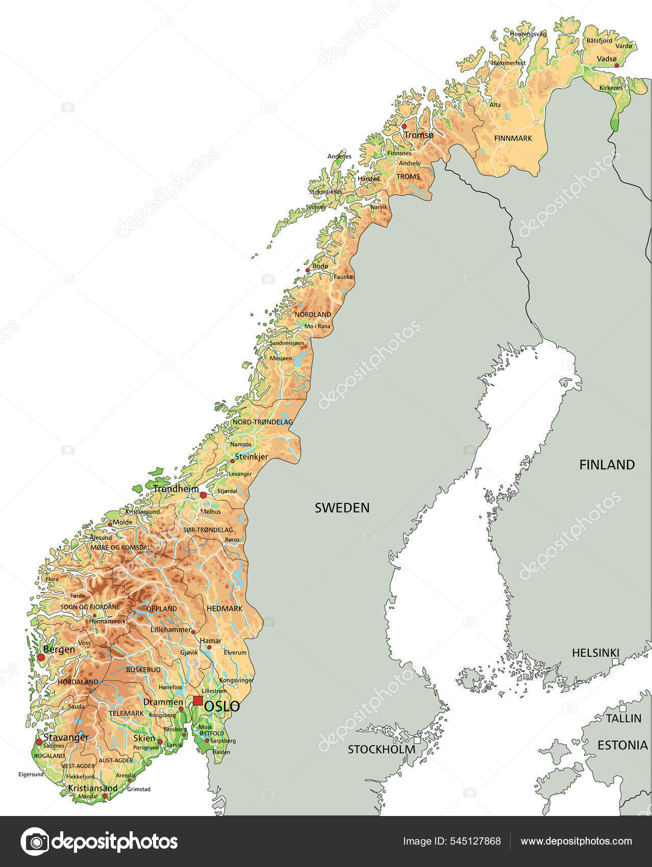 Alto Mapa Físico Detallado Noruega Con Etiquetado Vector de stock ...