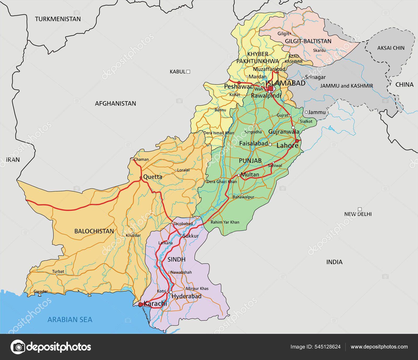 Pakistán Mapa Político Editable Altamente Detallado Con Etiquetado ...