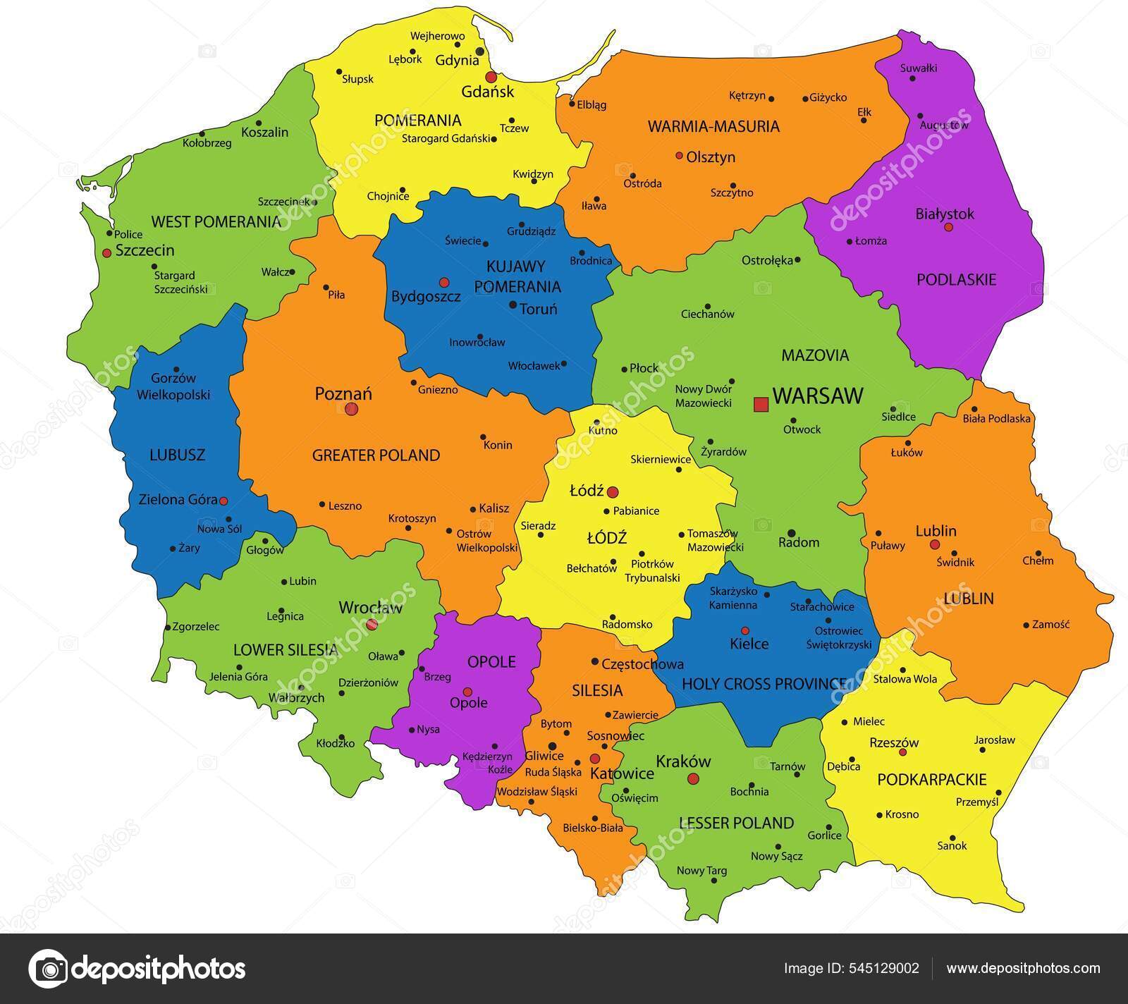 Kolorowa Mapa Polityczna Polski Wyraźnie Zaznaczonymi Wydzielonymi ...
