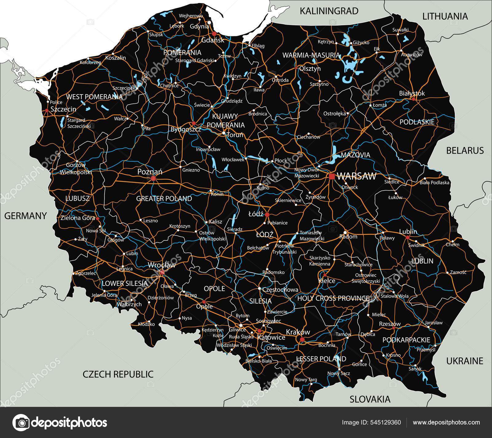 High Detailed Poland Road Map Labeling Stock Vector by ©delpieroo 545129360