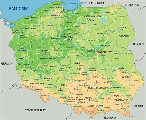 Alto mapa físico detallado de Polonia con etiquetado. 2024