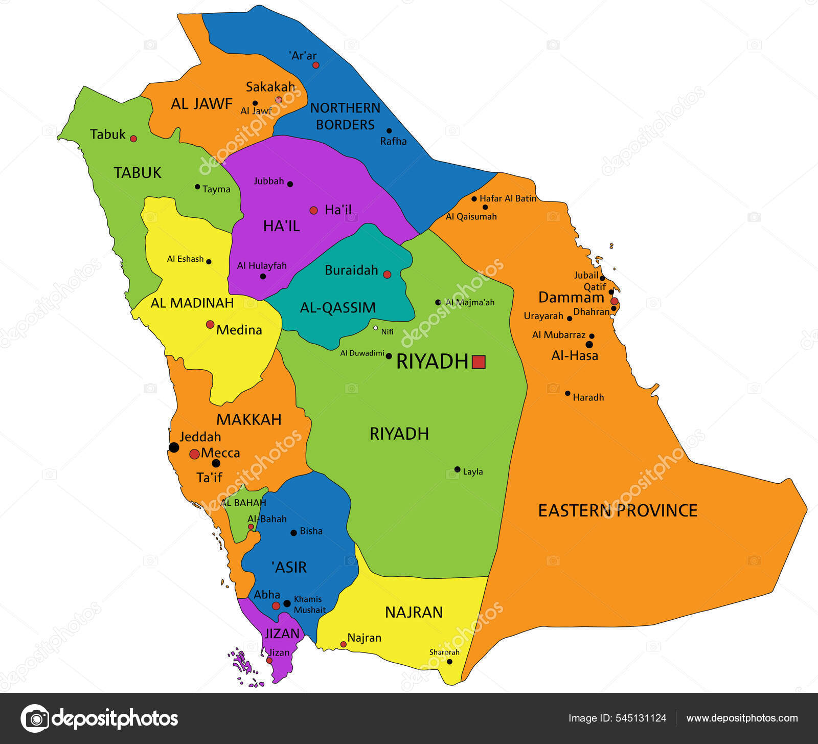 Farverige Saudi Arabien Politisk Kort Med Tydeligt Mærket Adskilte Lag ...