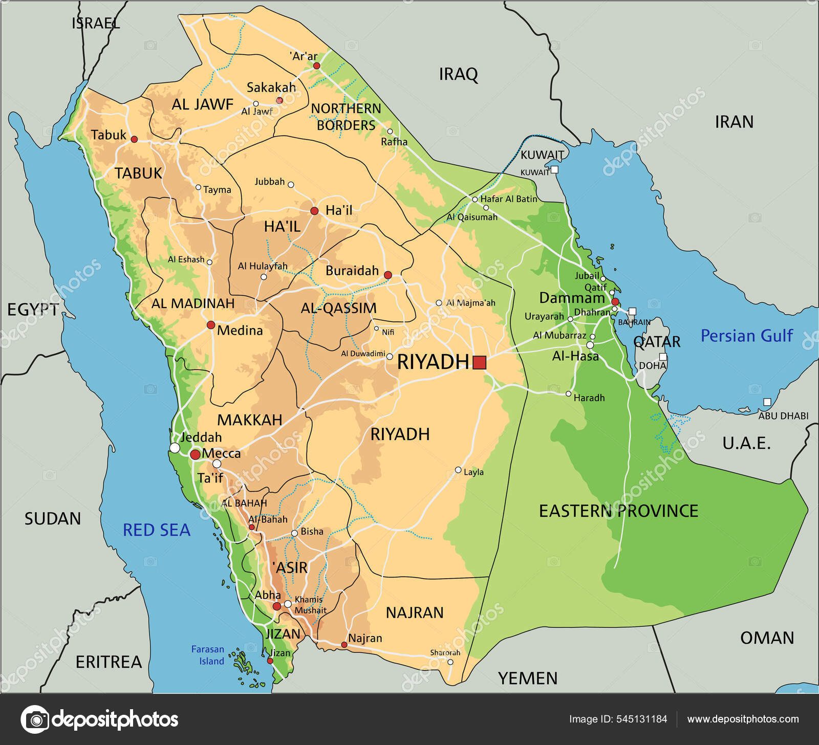 Alto Mapa Físico Detallado Arabia Saudita Con Etiquetado Vector de ...