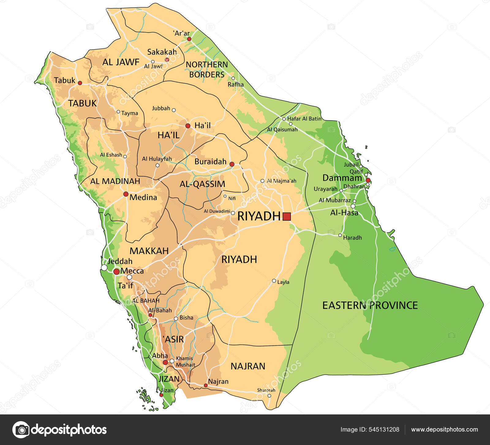 High Detailed Saudi Arabia Physical Map Labeling Stock Vector Image by ...