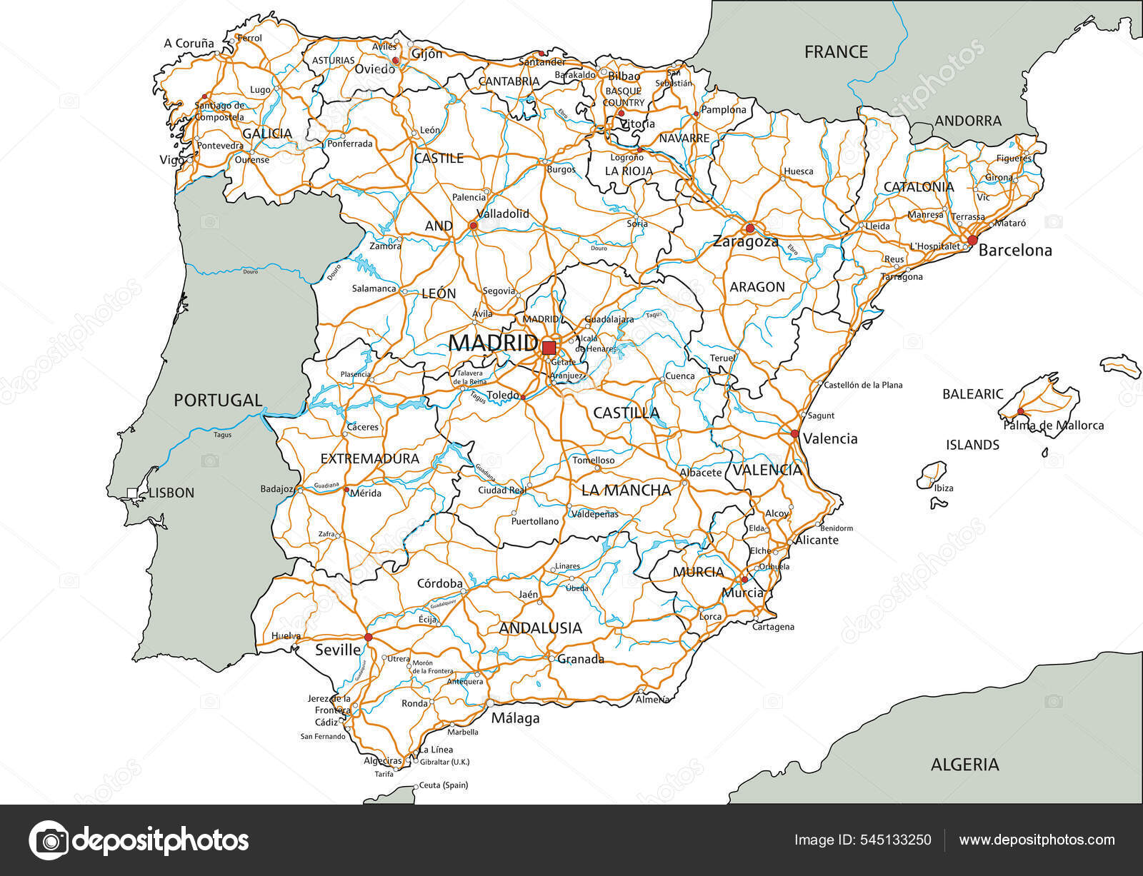 High Detailed Spain Road Map Labeling Stock Vector by ©delpieroo 545133250