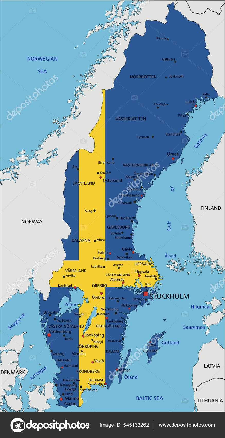 Sweden Highly Detailed Political Map National Flag Isolated White ...